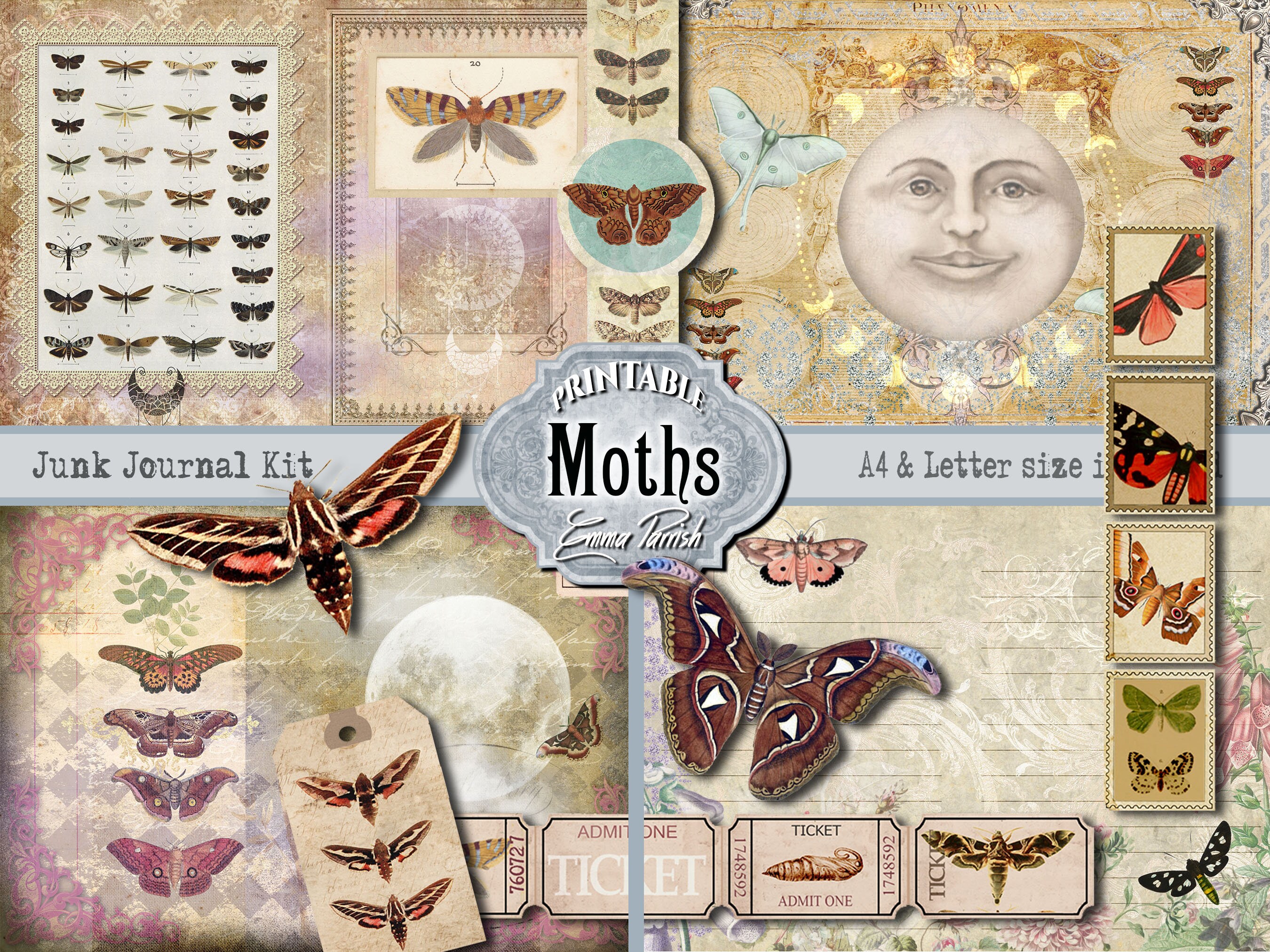Moths Junk Journal Kit Moon Printable Pages Vintage Moth - Etsy