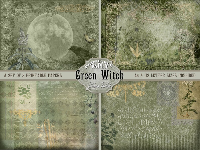 Green Witch Printable Paper Set, Junk Journal Printable Kit, Witch ...