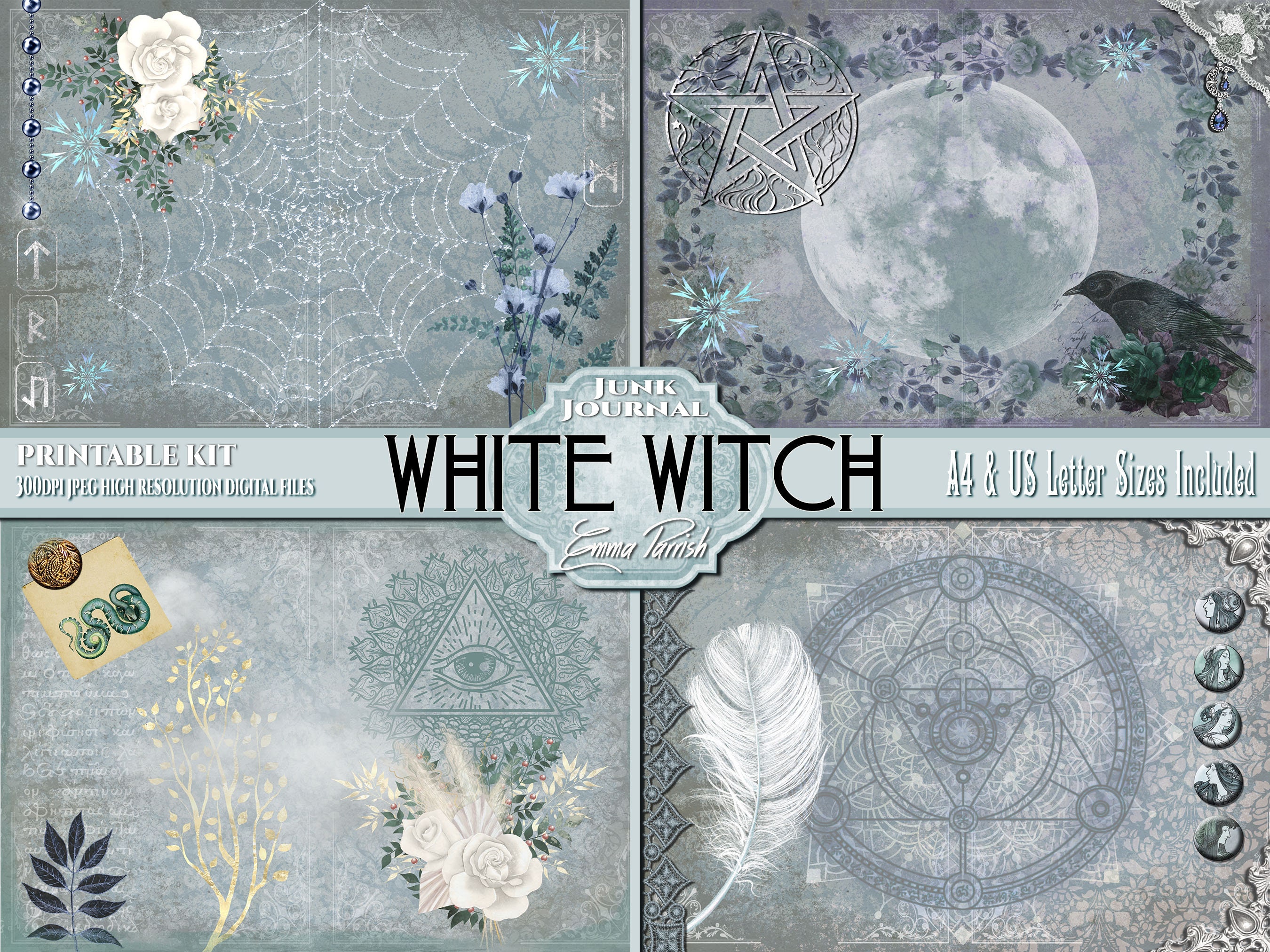 White Witch Junk Journal Kit, Printable, Witchy, Ephemera, Blue Paper ...