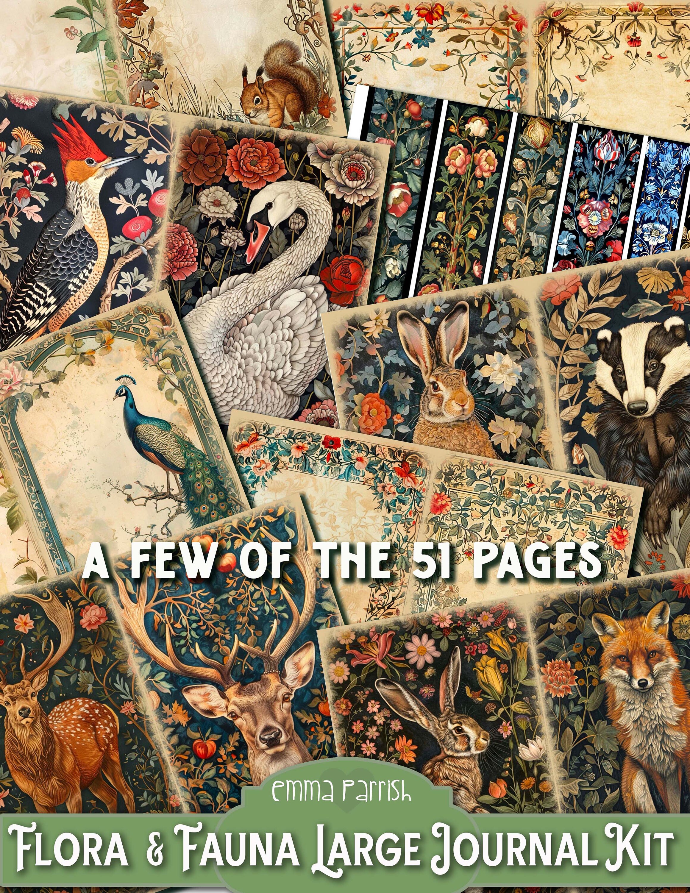 Flora & Fauna Heirloom Printable Junk Journal Kit, William Morris, 6 ...
