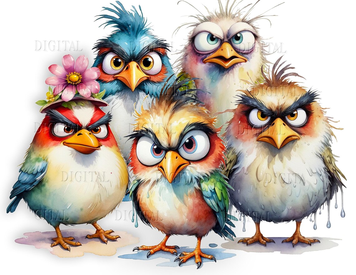 Watercolor Grumpy Birds PNG: Quirky Floral Clipart (digital Download ...