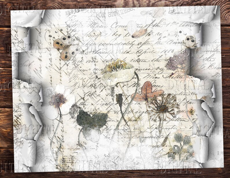 Ripped Digital Journal Paper, 10 Torn Backgrounds, Printable Flowers ...