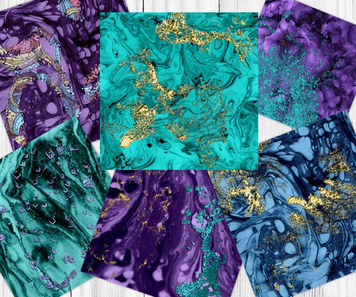 Sparkling Turquoise Purple Gold Digital Paper Marble - Etsy