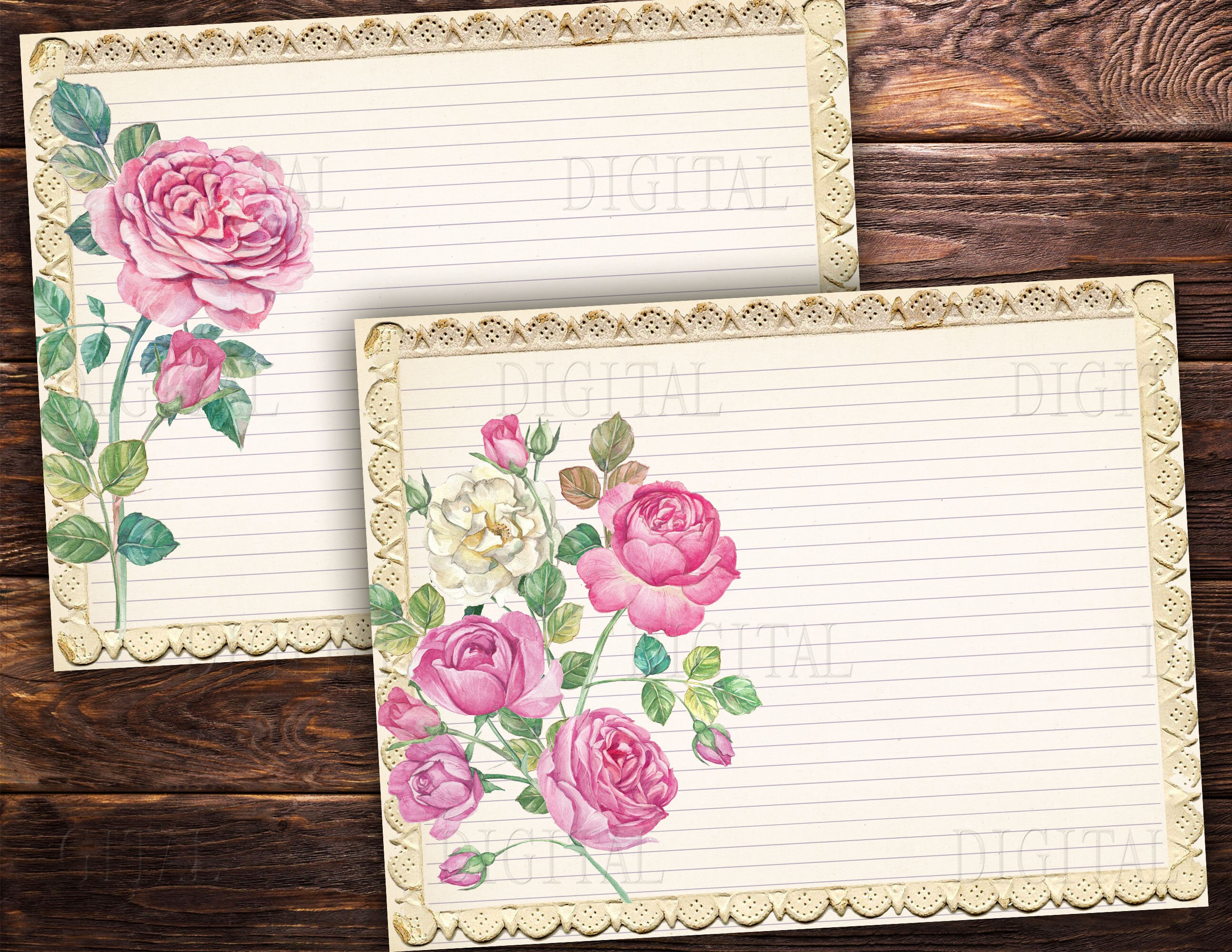 French Pink Roses Printable Lined Paper Download 11 Vintage - Etsy