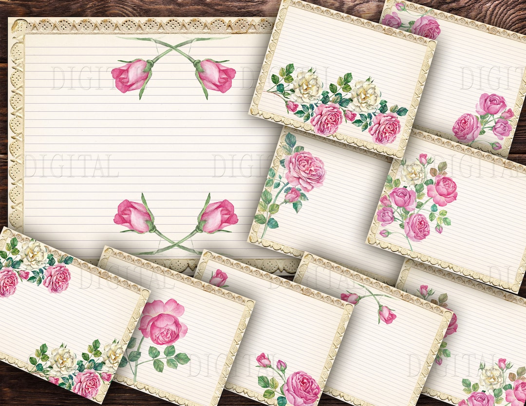 French Pink Roses Printable Lined Paper Download, 11 Vintage Roses ...