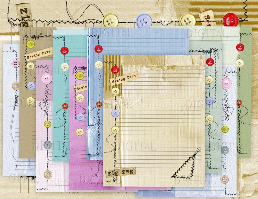 Sewing Stitches Lined Paper, 10 Junk Journal Writing Pages, Sewing Diva ...