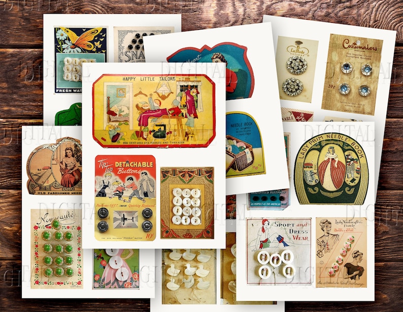 Vintage Button Printable Cards, Digital Buttons Collage, PDF, Set 3 - Etsy