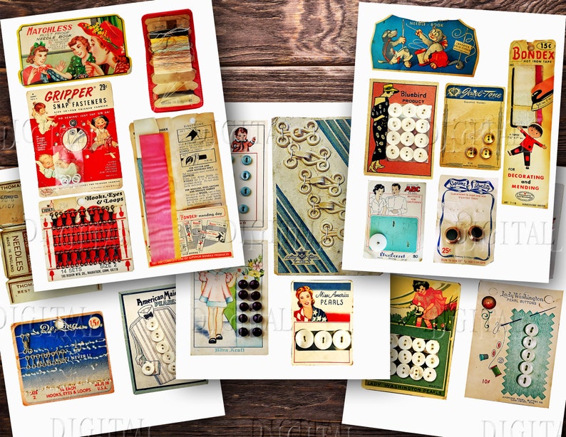 Sewing Ephemera Pack, 23 Vintage Buttons Printable Cards, Digital Craft ...
