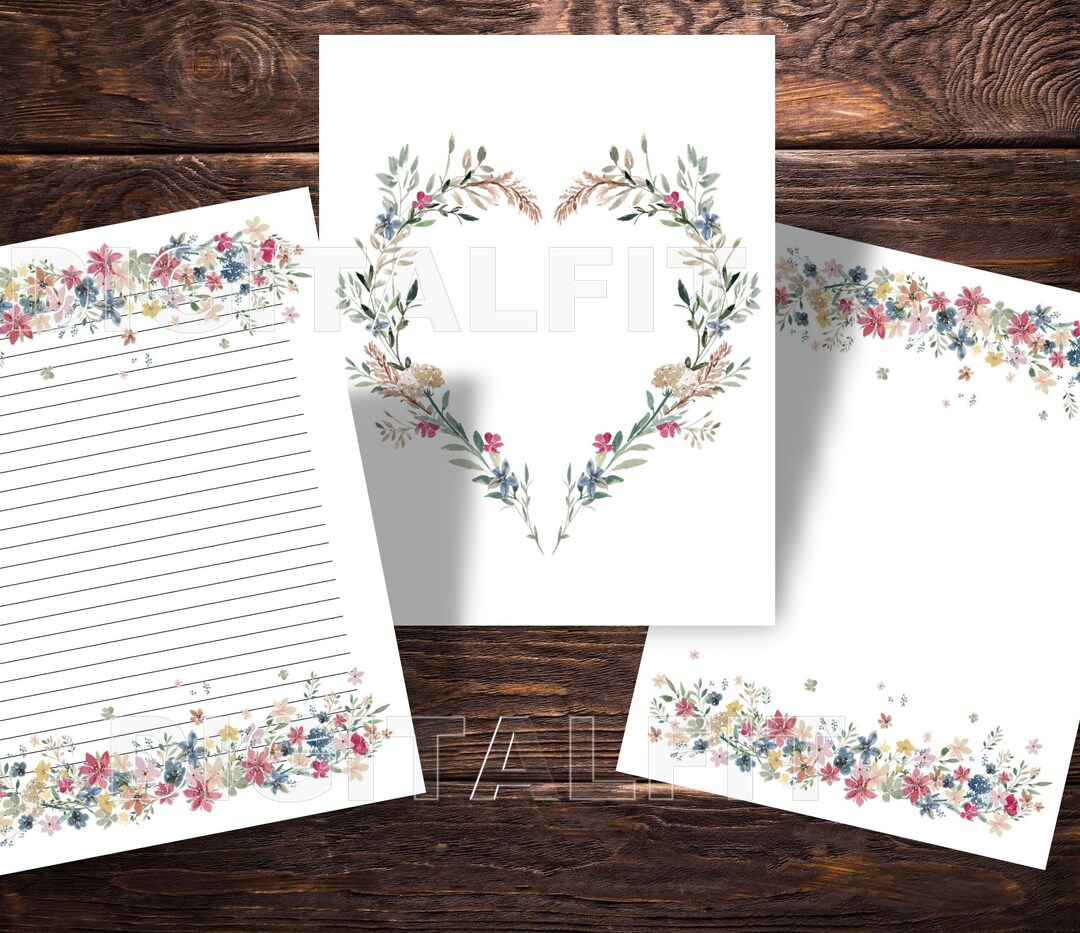 Spring Digital Paper, Watercolor Flowers Writing Pages Set, Lined ...