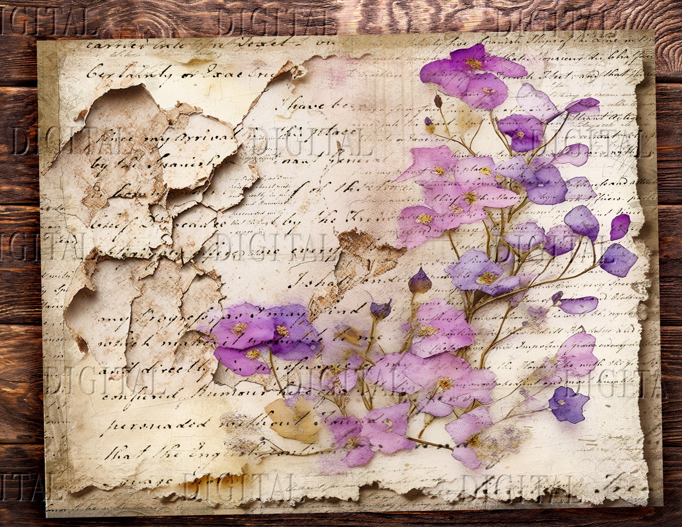 Purple Flowers Distressed Paper: Torn Journal Background (PDF) - Etsy