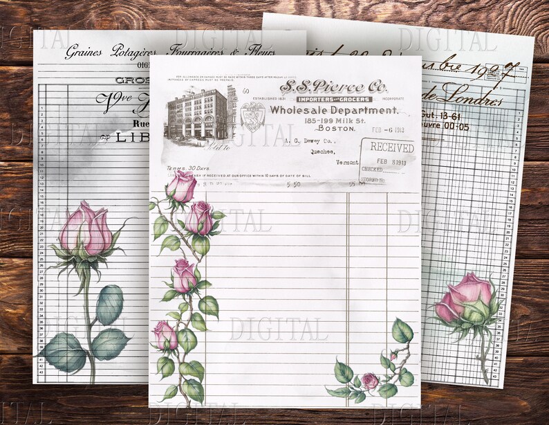 French Roses Printable Ledger Paper, 8 Junk Journal Pages & Ledger ...