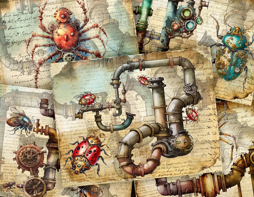 Steampunk Industrial Pipe, Steampunk Insects Junk Journal Pages, 11"x 8 ...