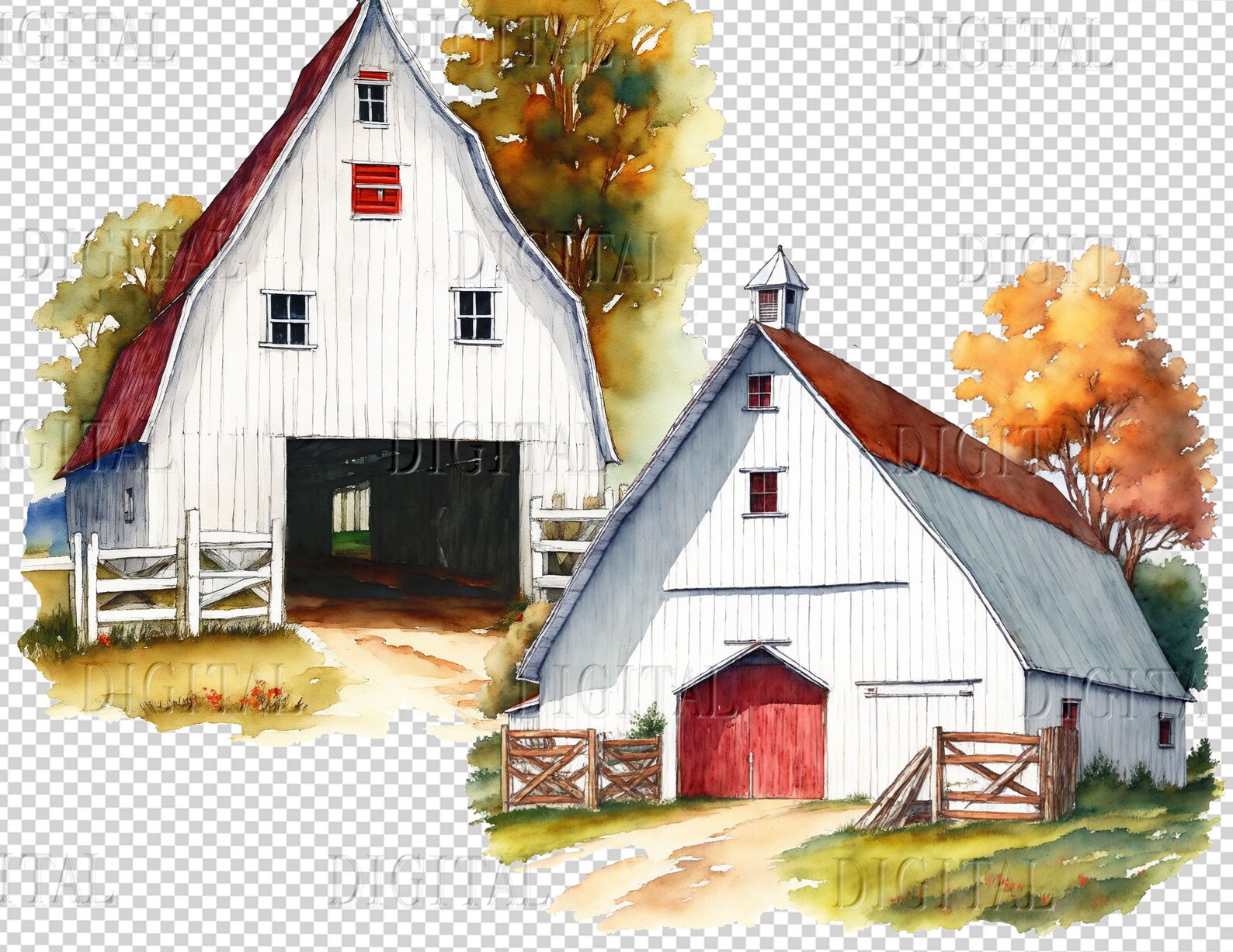 White Rustic Farm Barn, Countryside Design, Farm Watercolor, 12 PNG ...
