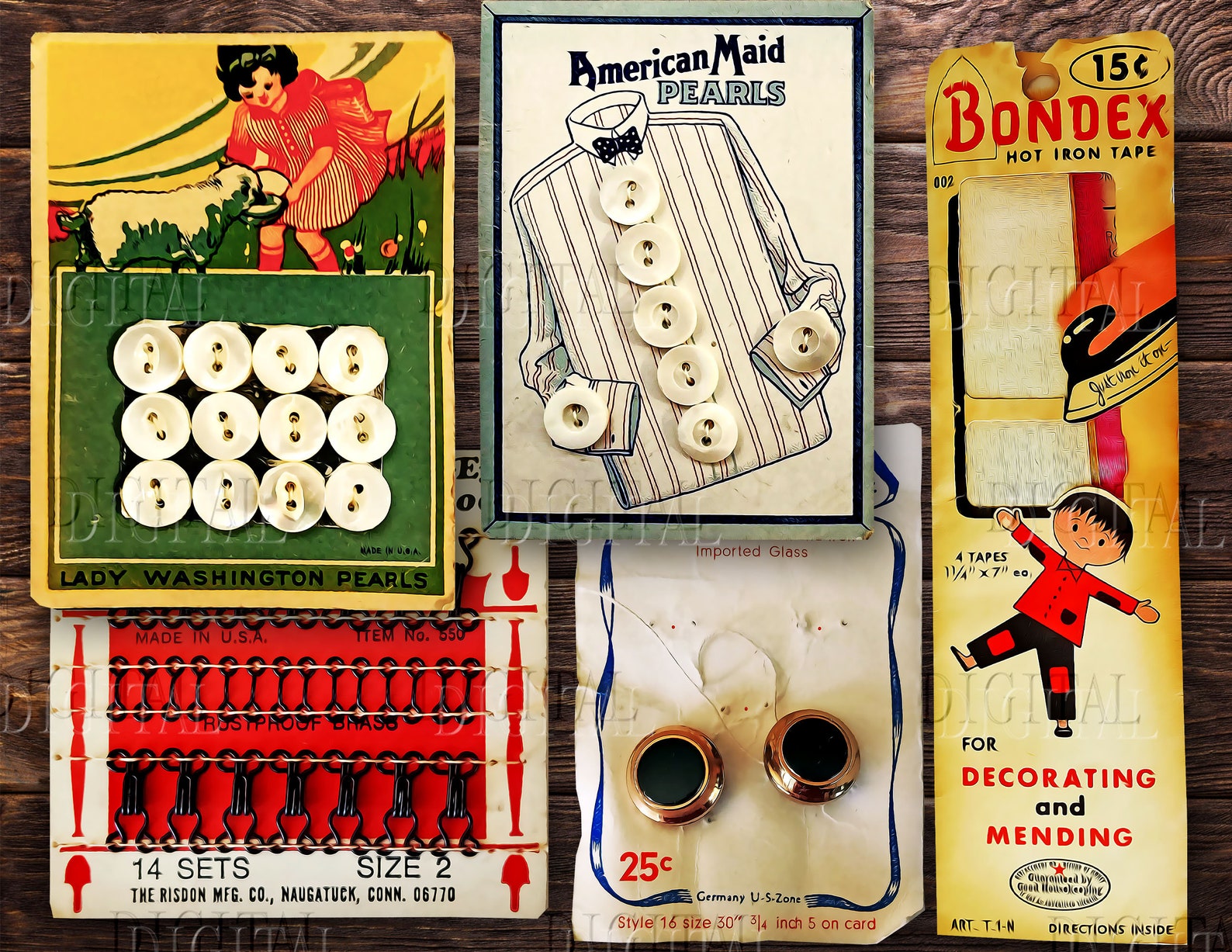Sewing Ephemera Pack, 23 Vintage Buttons Printable Cards, Digital Craft ...