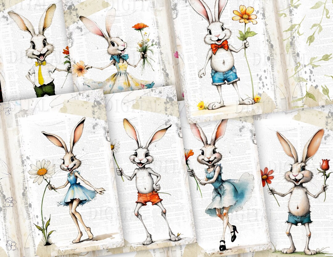 Whimsical Rabbit, Happy Spring Bunny Junk Journal Paper, 14 Easter ...