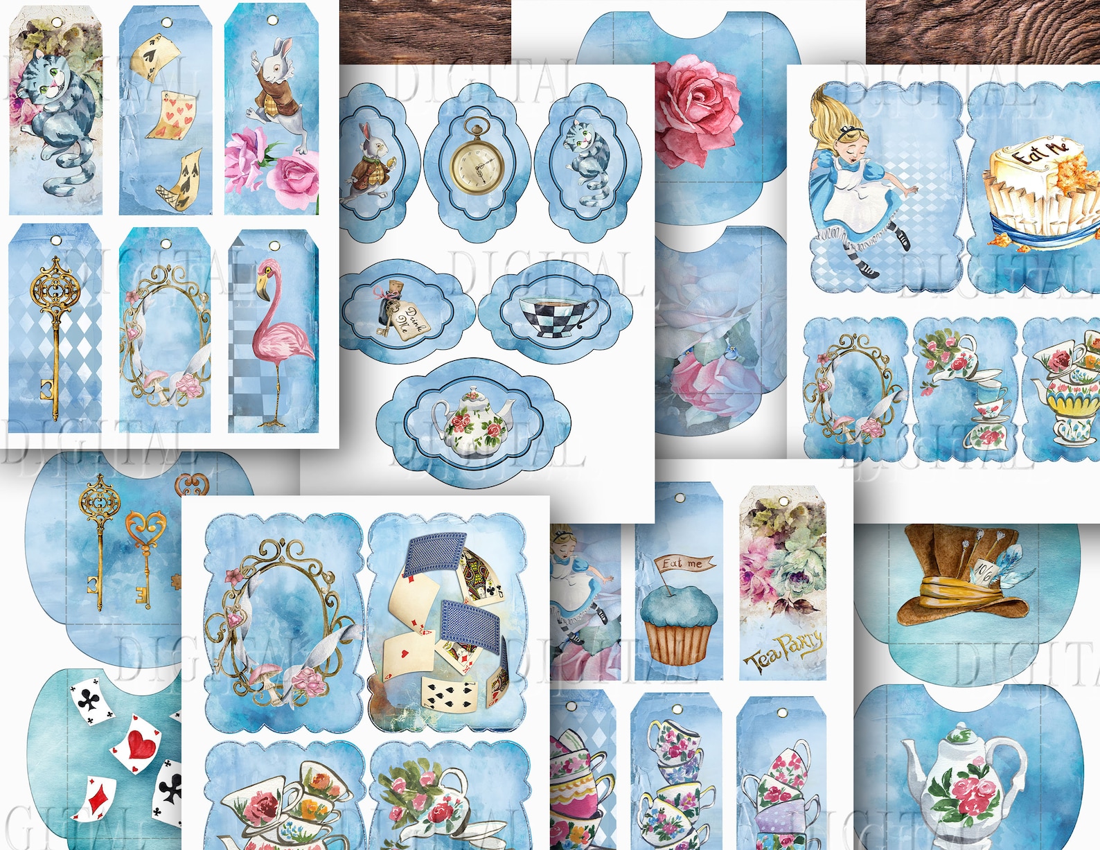 Alice Digital Ephemera Pack, 33 Tags, Envelopes, Cards, Alice in ...