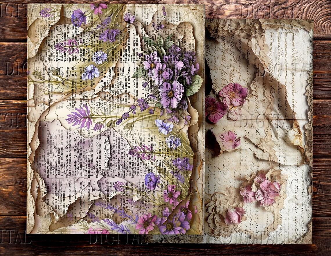 Purple Flowers Distressed Paper: Torn Journal Background (PDF) - Etsy