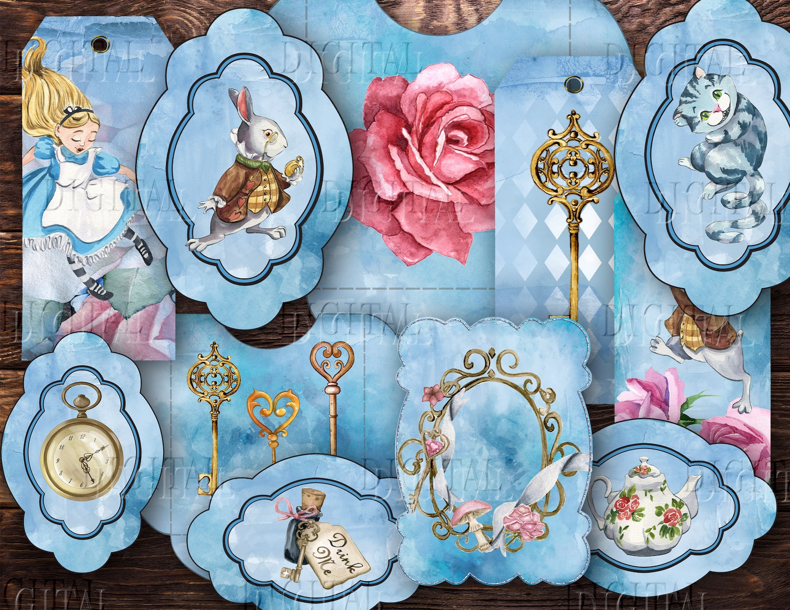 Alice Digital Ephemera Pack, 33 Tags, Envelopes, Cards, Alice in ...