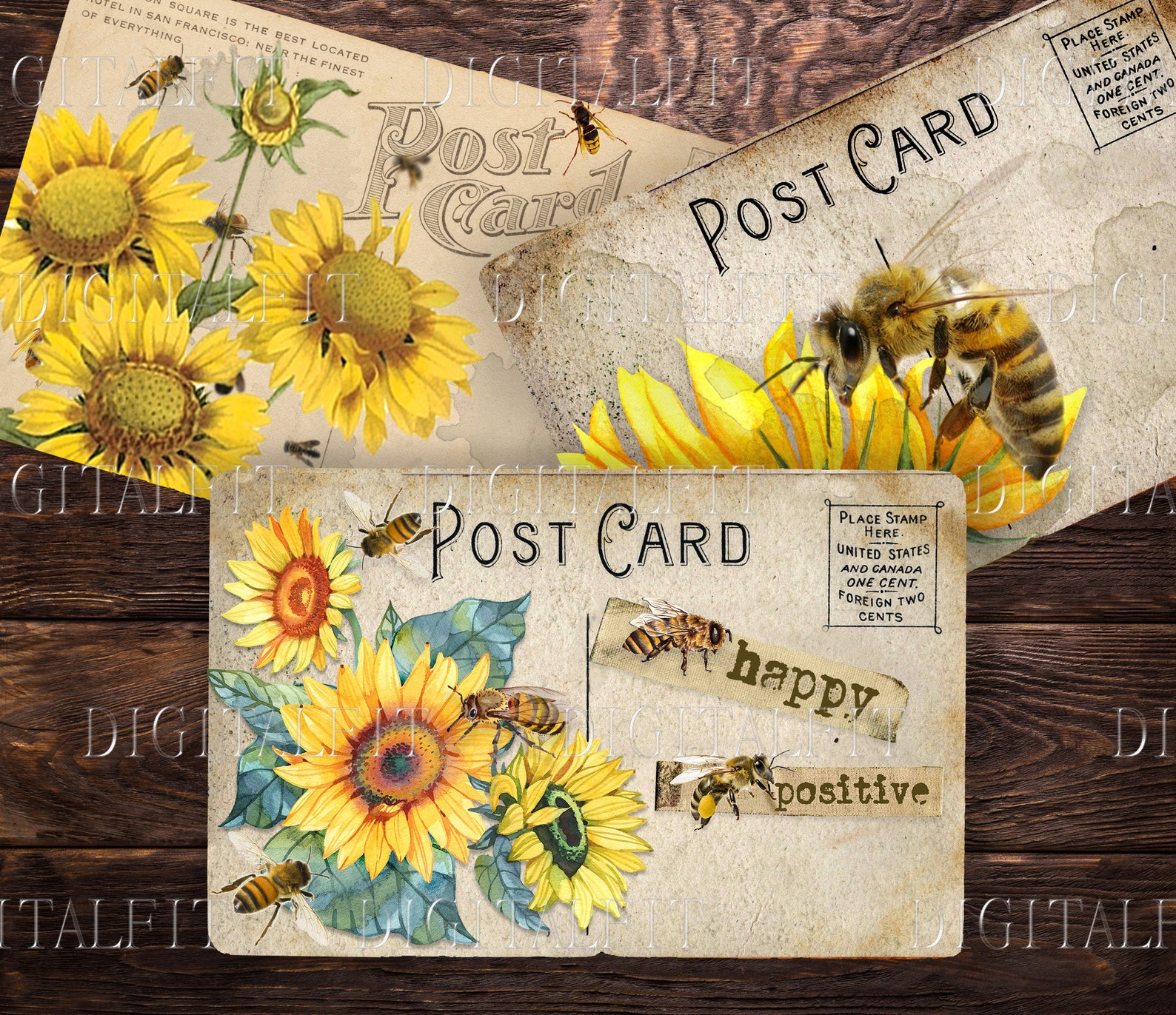 Bee Sunflowers Postcards, Vintage Bees Printable Ephemera, 6 Sunflower ...