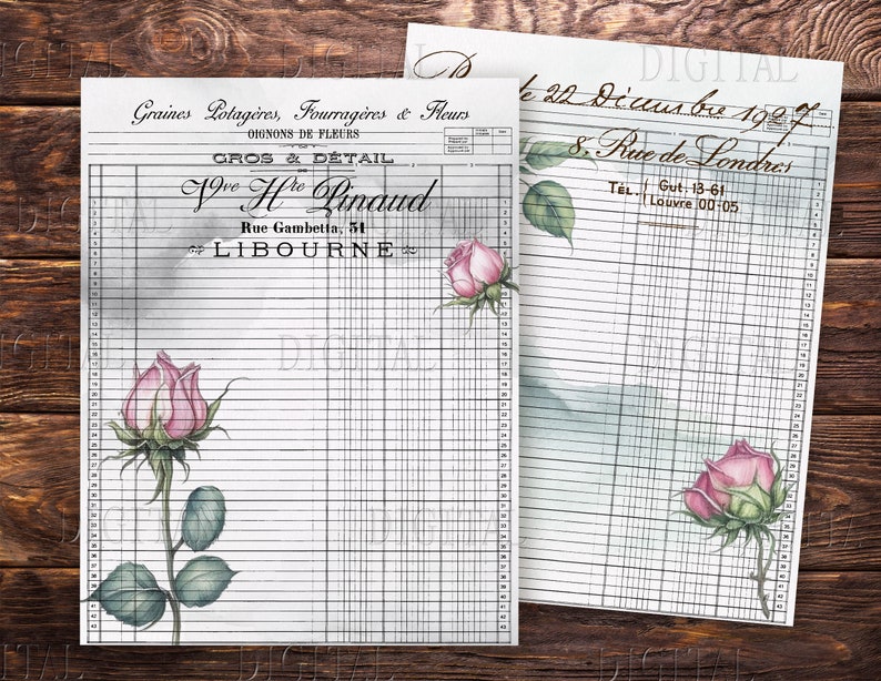 French Roses Printable Ledger Paper 8 Junk Journal Pages & - Etsy