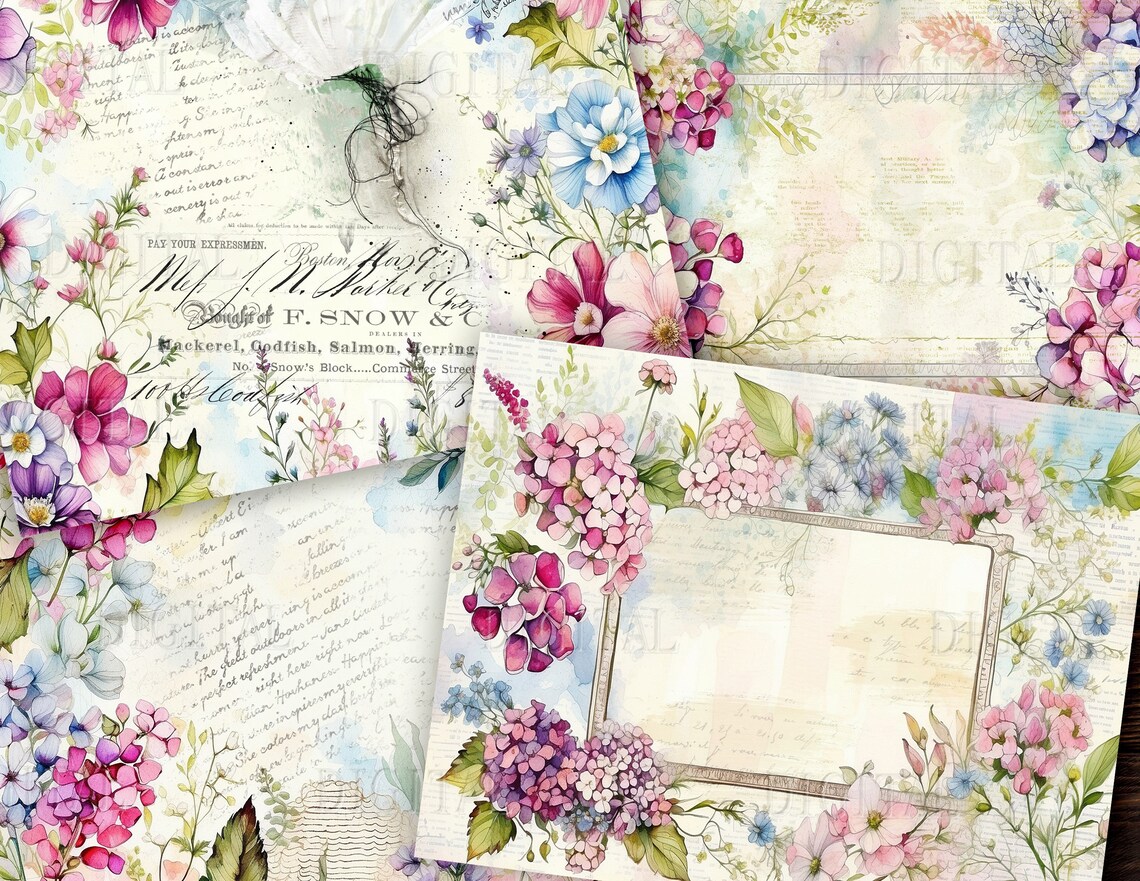 Decorative Paper, 10 Junk Journal Pages, Digital Scrapbooking, 11" X 8. ...