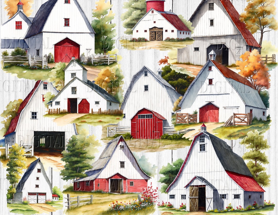 White Rustic Farm Barn, Countryside Design, Farm Watercolor, 12 PNG ...