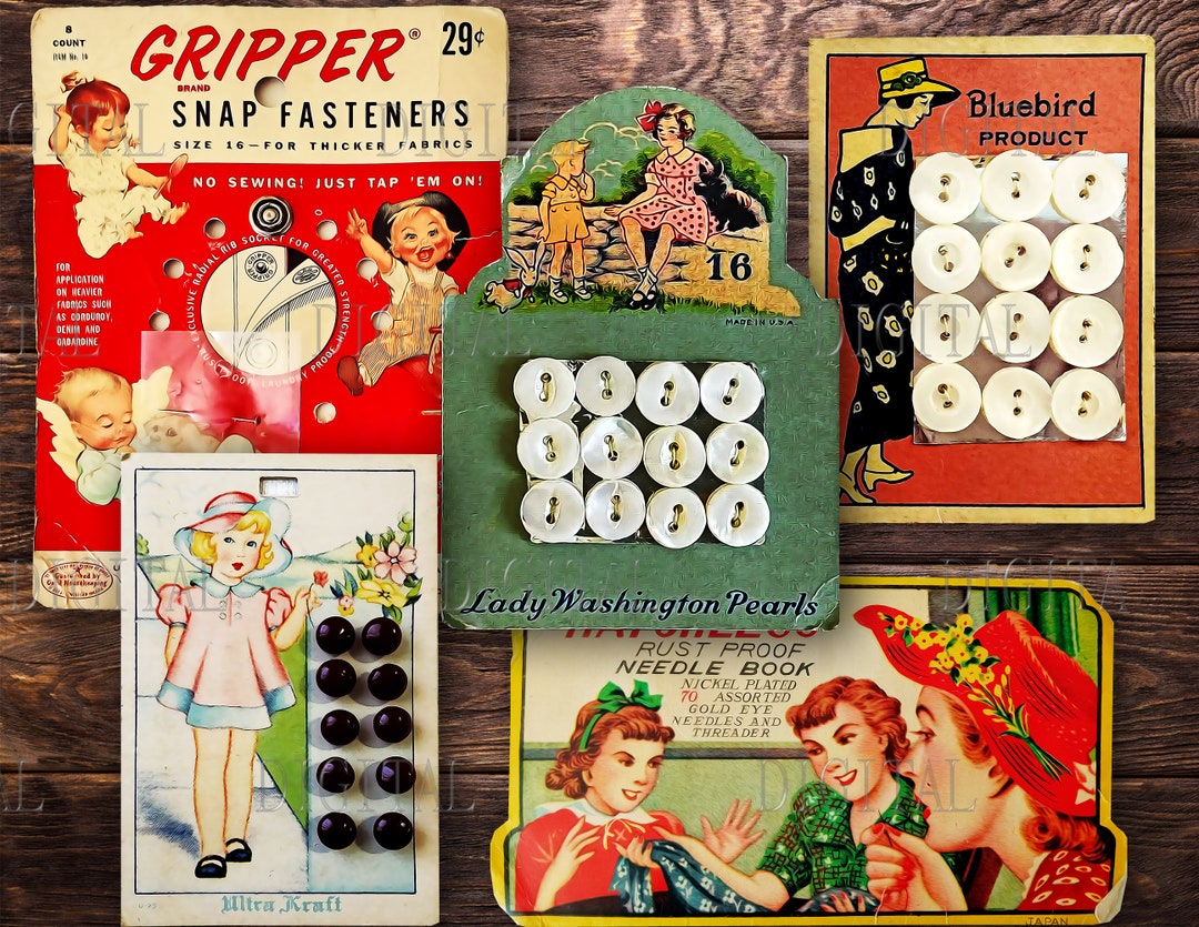 Sewing Ephemera Pack, 23 Vintage Buttons Printable Cards, Digital Craft ...