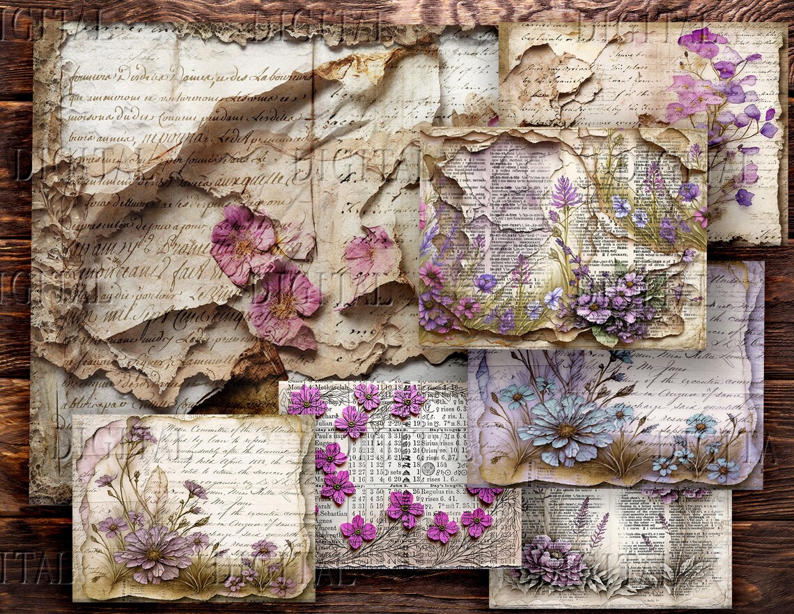 Purple Flowers Distressed Paper: Torn Journal Background (PDF) - Etsy
