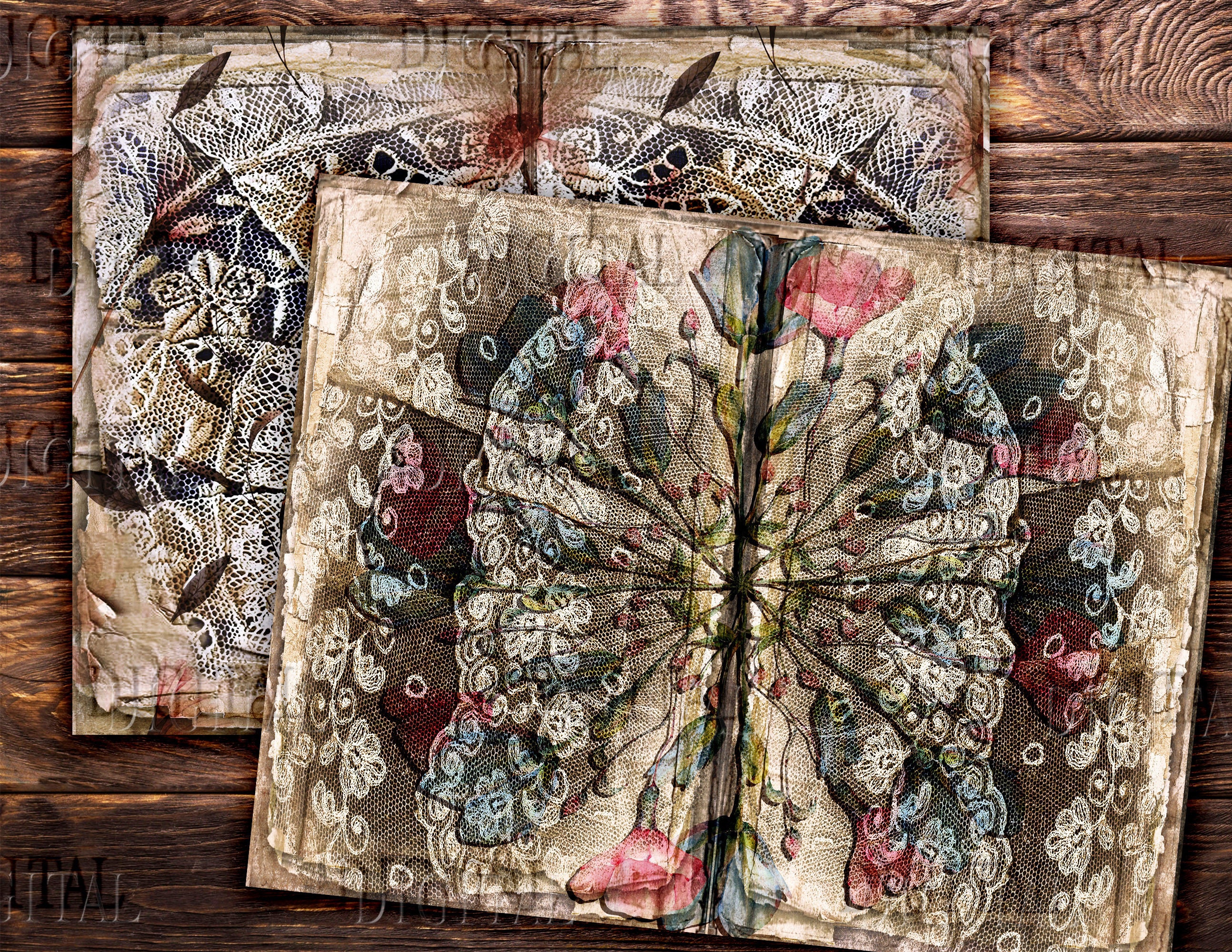 Colorful Lace, Junk Journal Printable Paper, 8 Vintage Distressed Paper ...