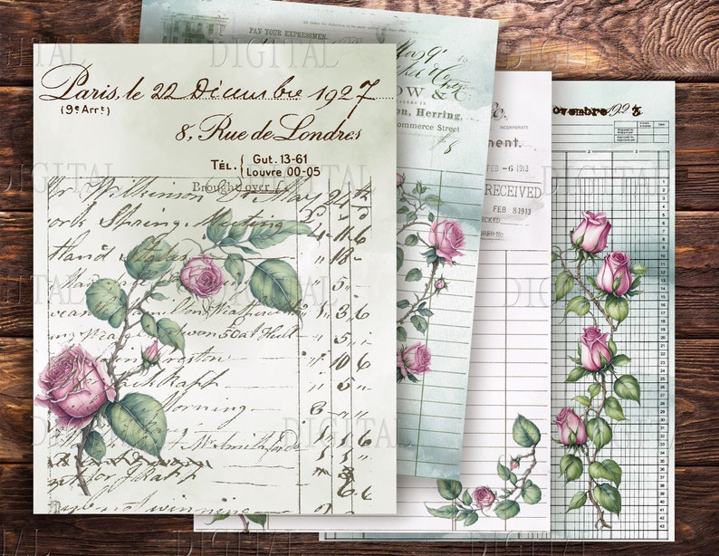 French Roses Printable Ledger Paper 8 Junk Journal Pages & - Etsy