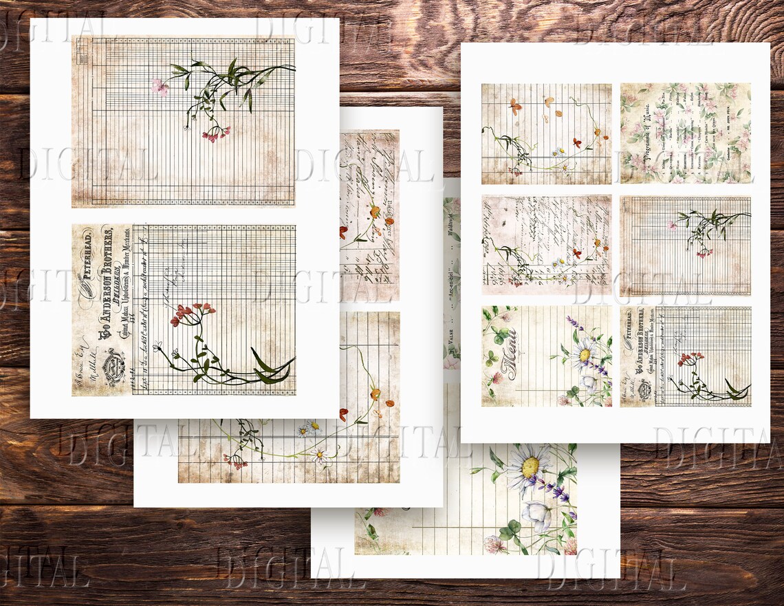 Field Flowers Printable Ledger Paper, 6 Junk Journal Pages & Ledger ...