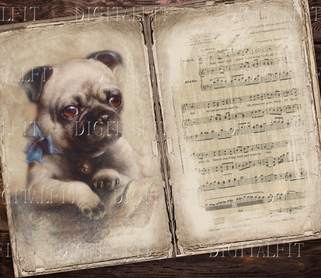 Girls and Pugs, Digital Paper, Pug Dog, Junk Journal, Pug Lined Writing ...