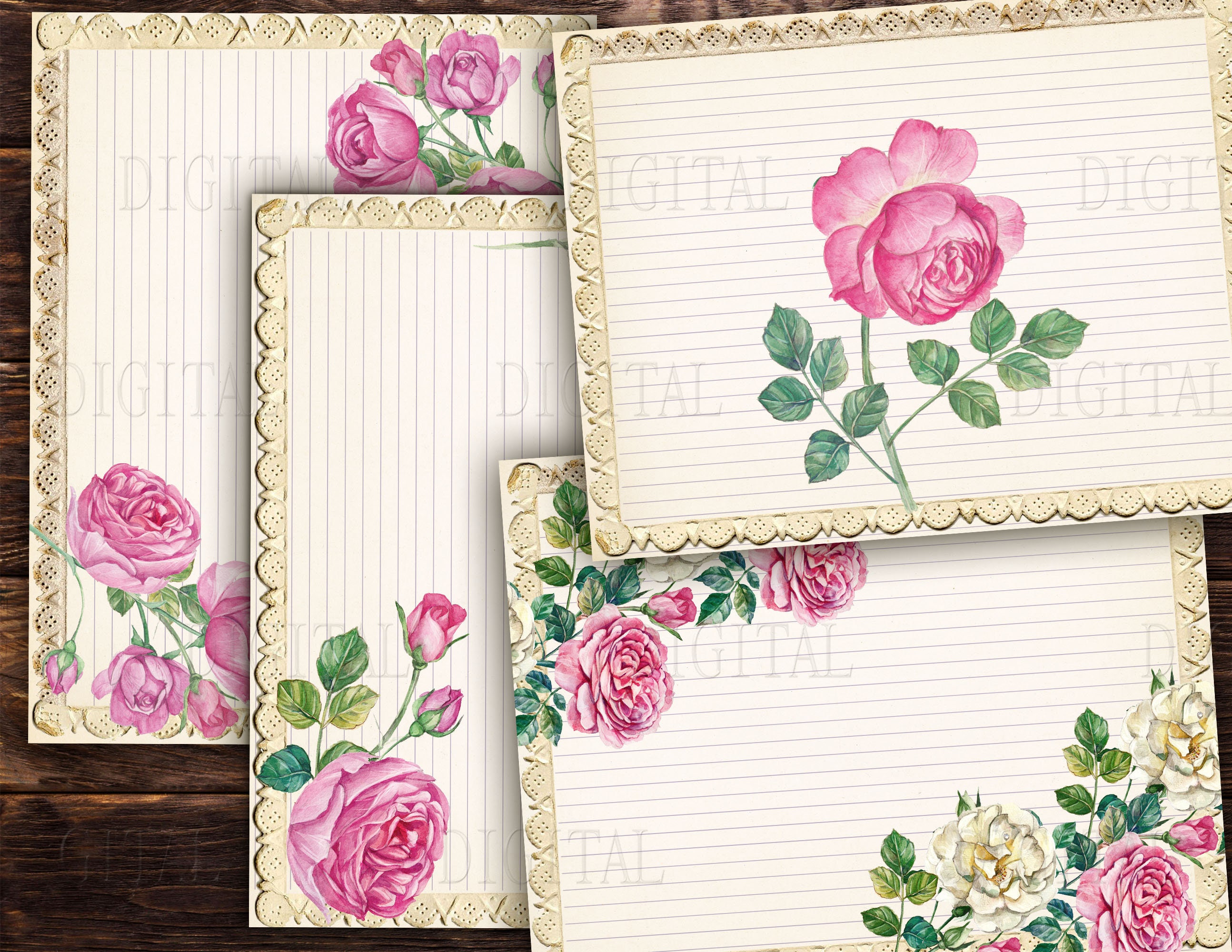 French Pink Roses Printable Lined Paper Download 11 Vintage - Etsy