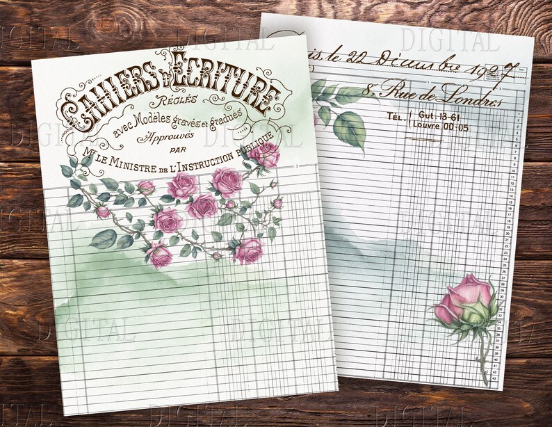 French Roses Printable Ledger Paper 8 Junk Journal Pages & - Etsy