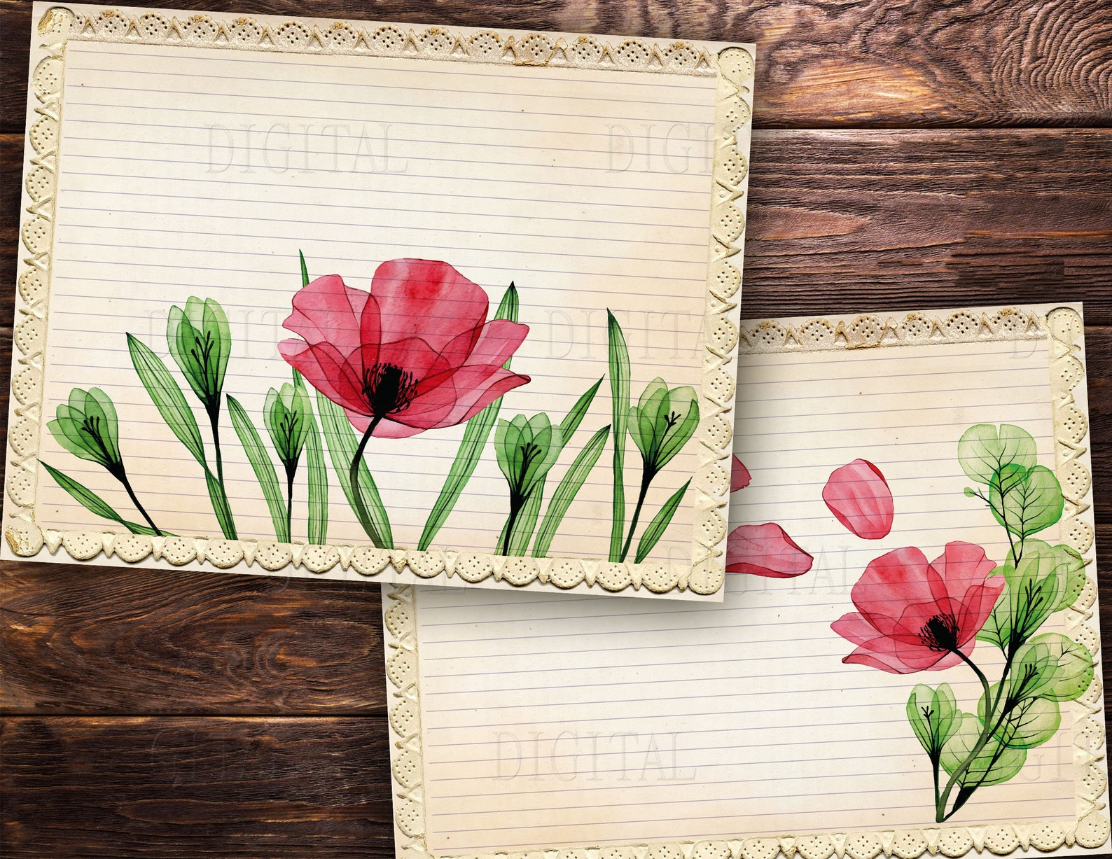 Printable Lined Paper Download 16 Poppy Flower Lined & Blank - Etsy