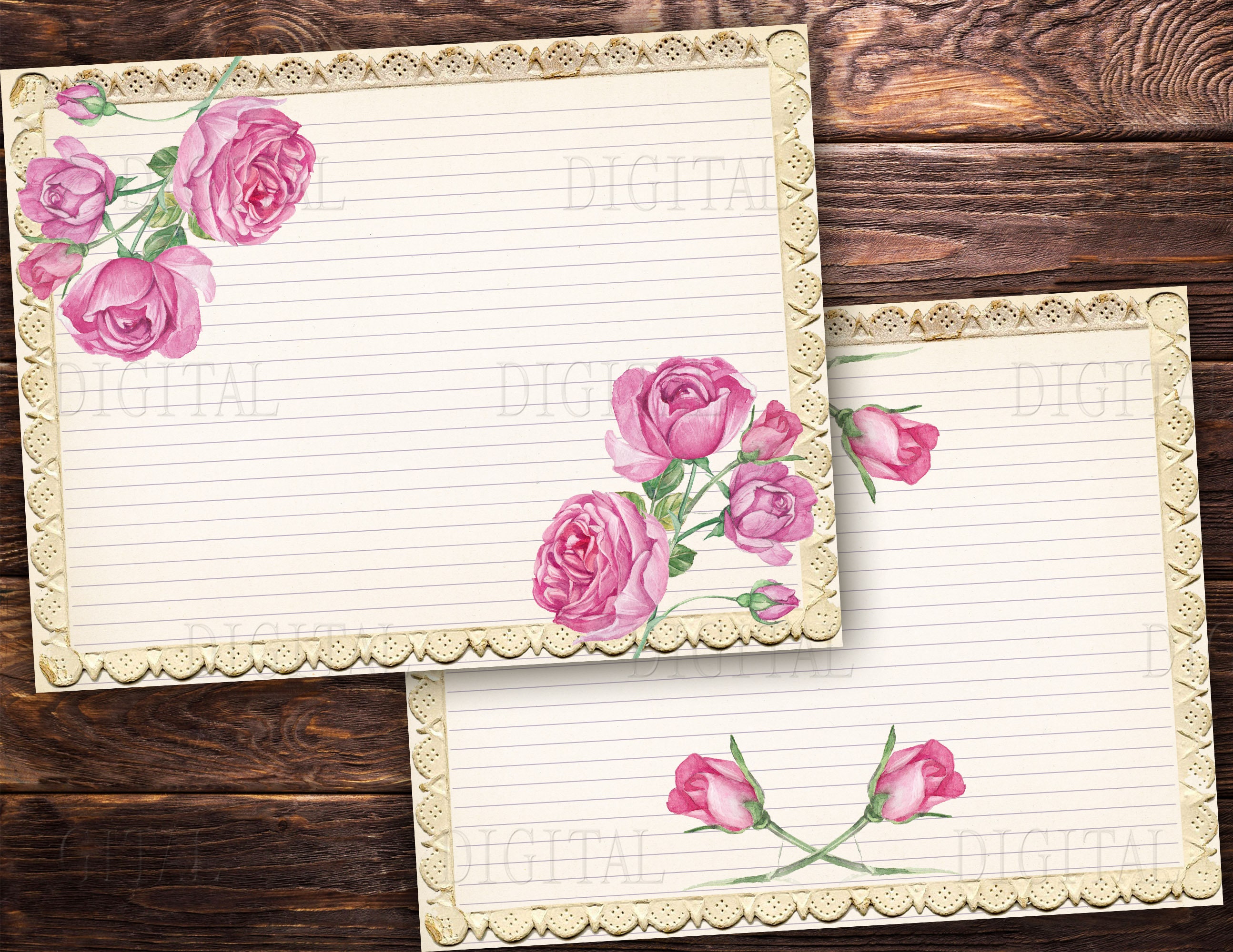 French Pink Roses Printable Lined Paper Download 11 Vintage - Etsy