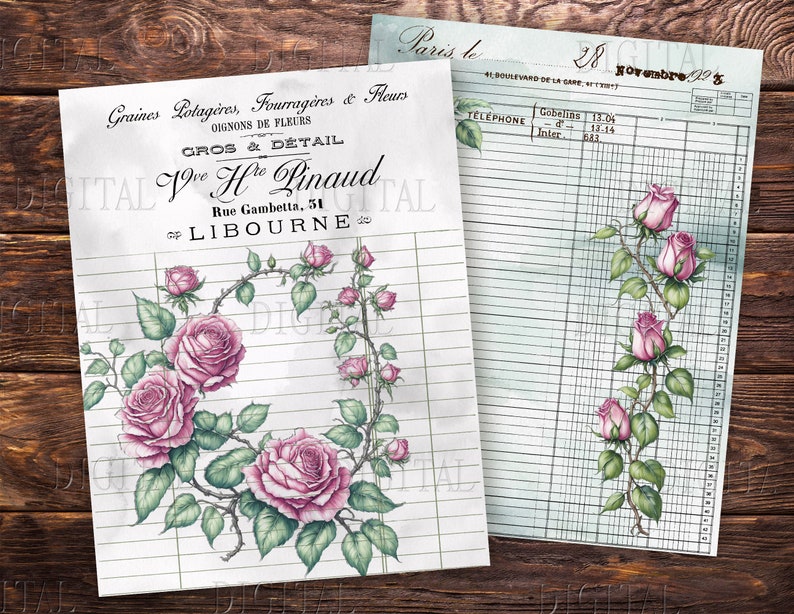 French Roses Printable Ledger Paper 8 Junk Journal Pages & - Etsy