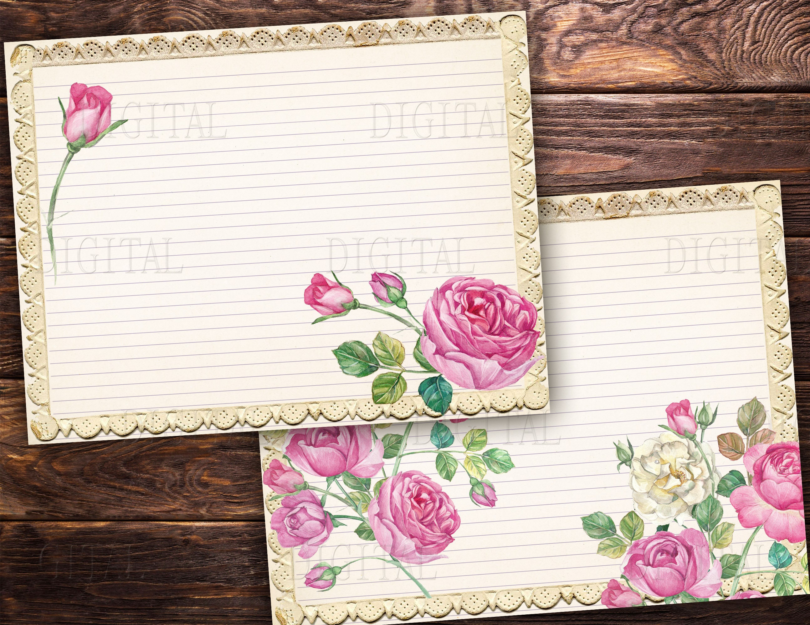 French Pink Roses Printable Lined Paper Download 11 Vintage - Etsy