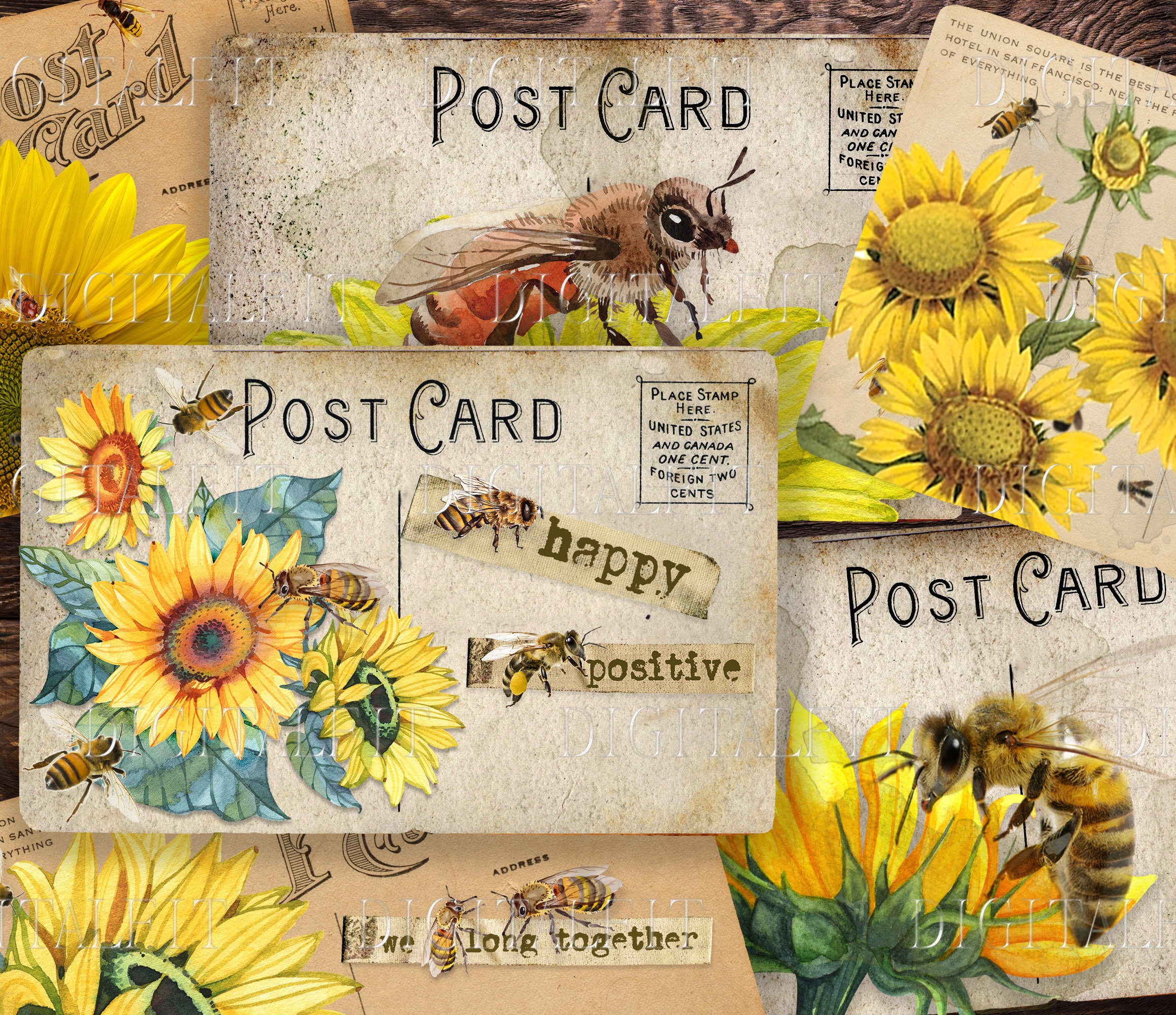 Bee Sunflowers Postcards, Vintage Bees Printable Ephemera, 6 Sunflower ...