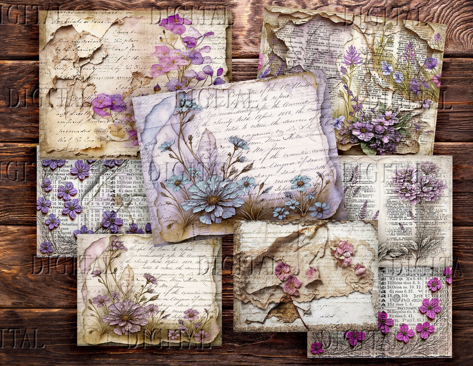 Purple Flowers Distressed Paper: Torn Journal Background (PDF) - Etsy