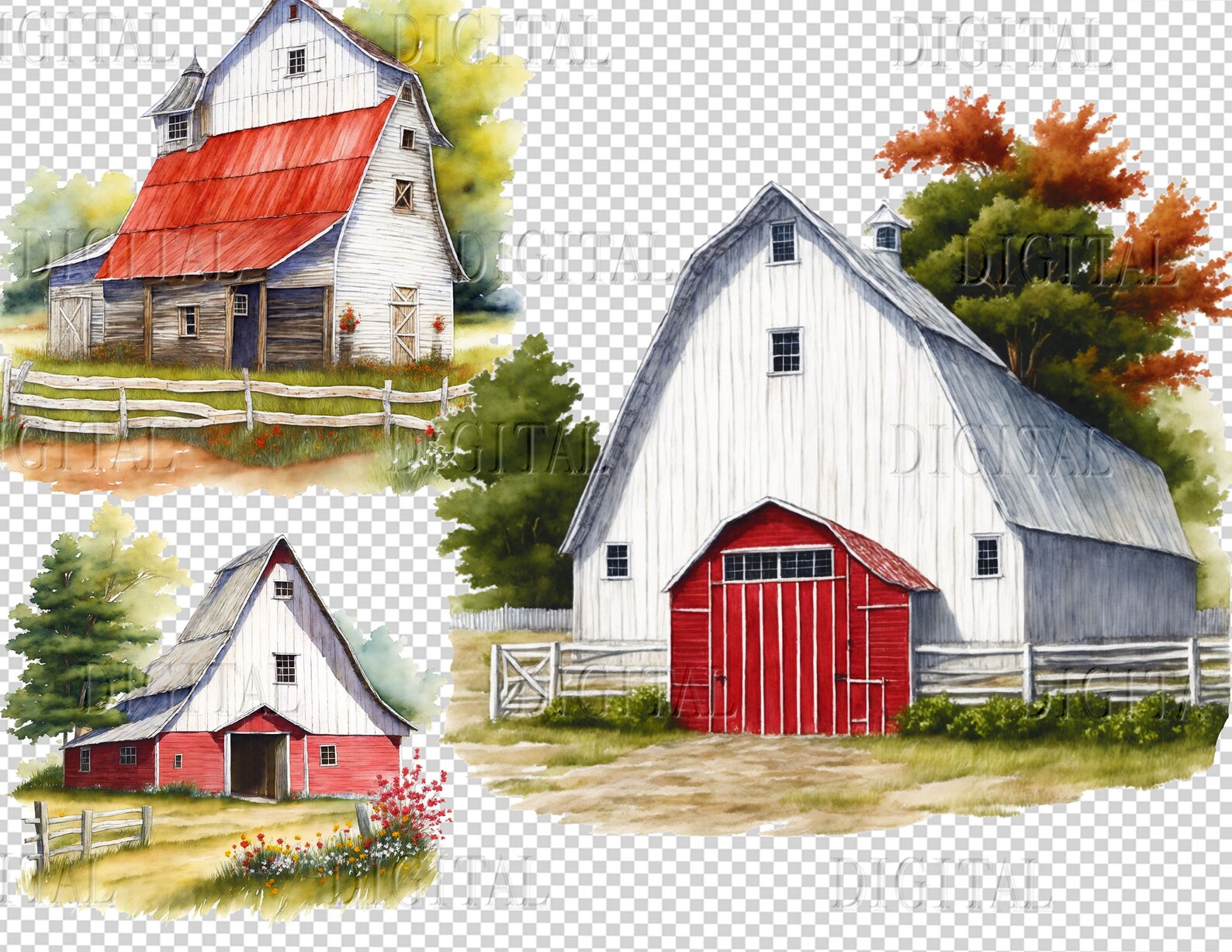 White Rustic Farm Barn, Countryside Design, Farm Watercolor, 12 PNG ...