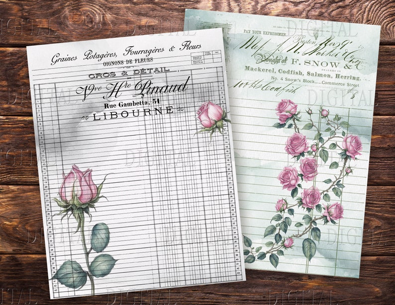 French Roses Printable Ledger Paper 8 Junk Journal Pages & - Etsy