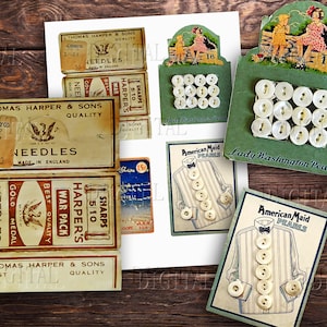 Sewing Ephemera Pack, 23 Vintage Buttons Printable Cards, Digital Craft ...