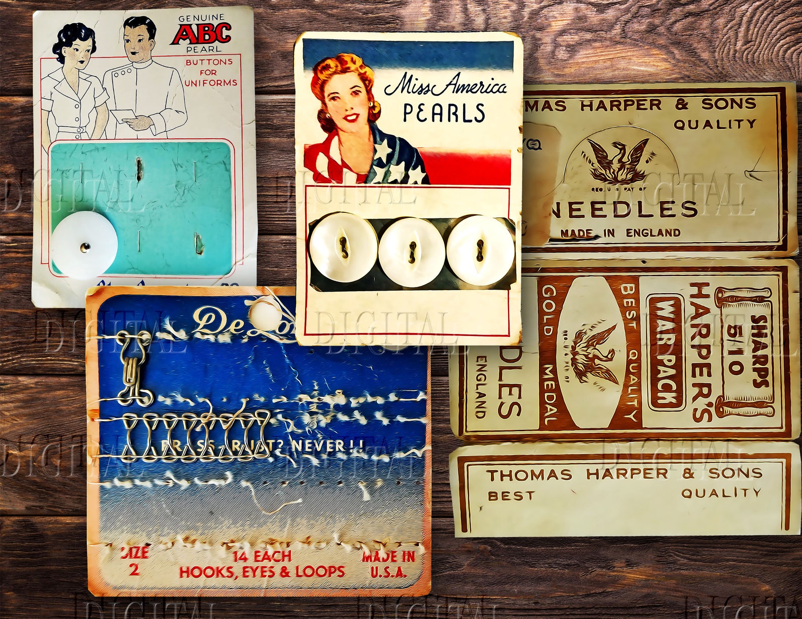 Sewing Ephemera Pack, 23 Vintage Buttons Printable Cards, Digital Craft ...