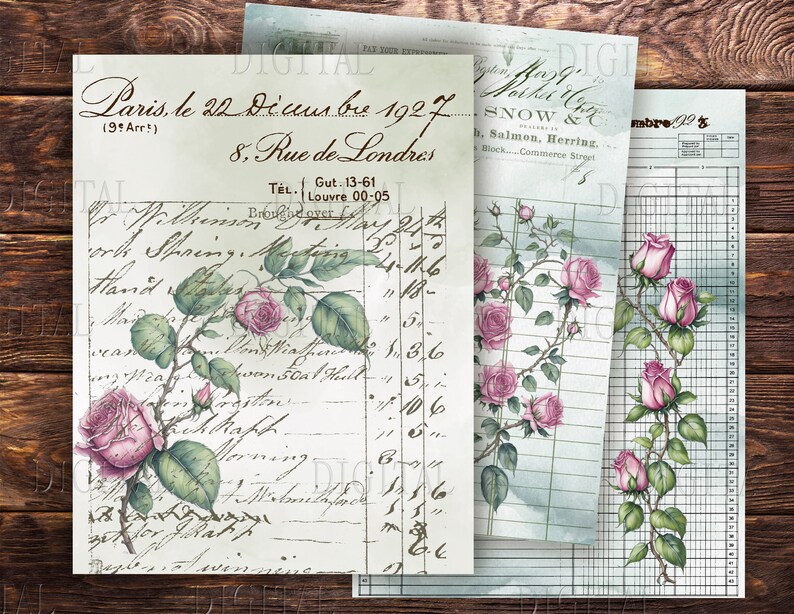 French Roses Printable Ledger Paper 8 Junk Journal Pages & - Etsy
