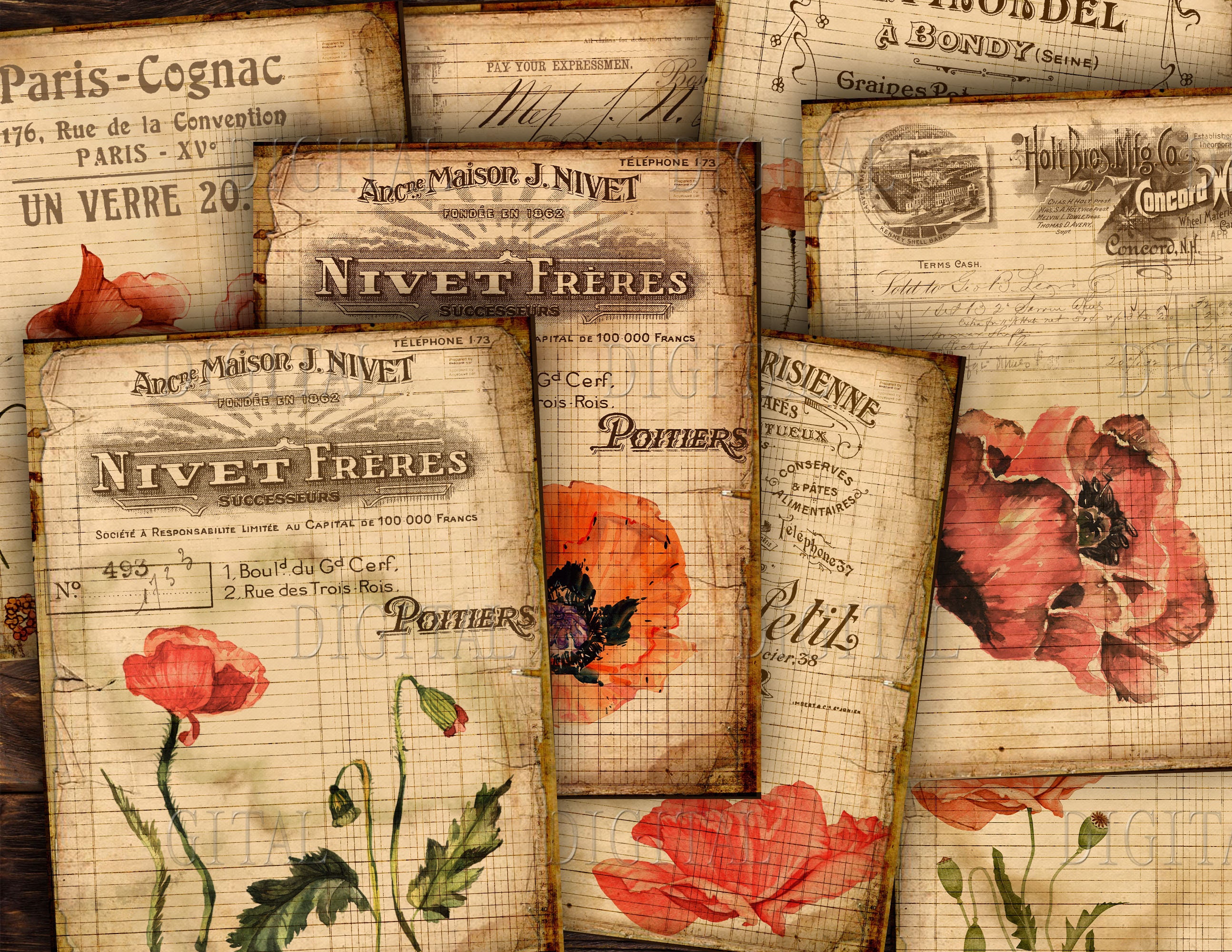 Poppy Flower Printable Ledger Pages, 8 Poppy Flowers Art Spring Collage ...