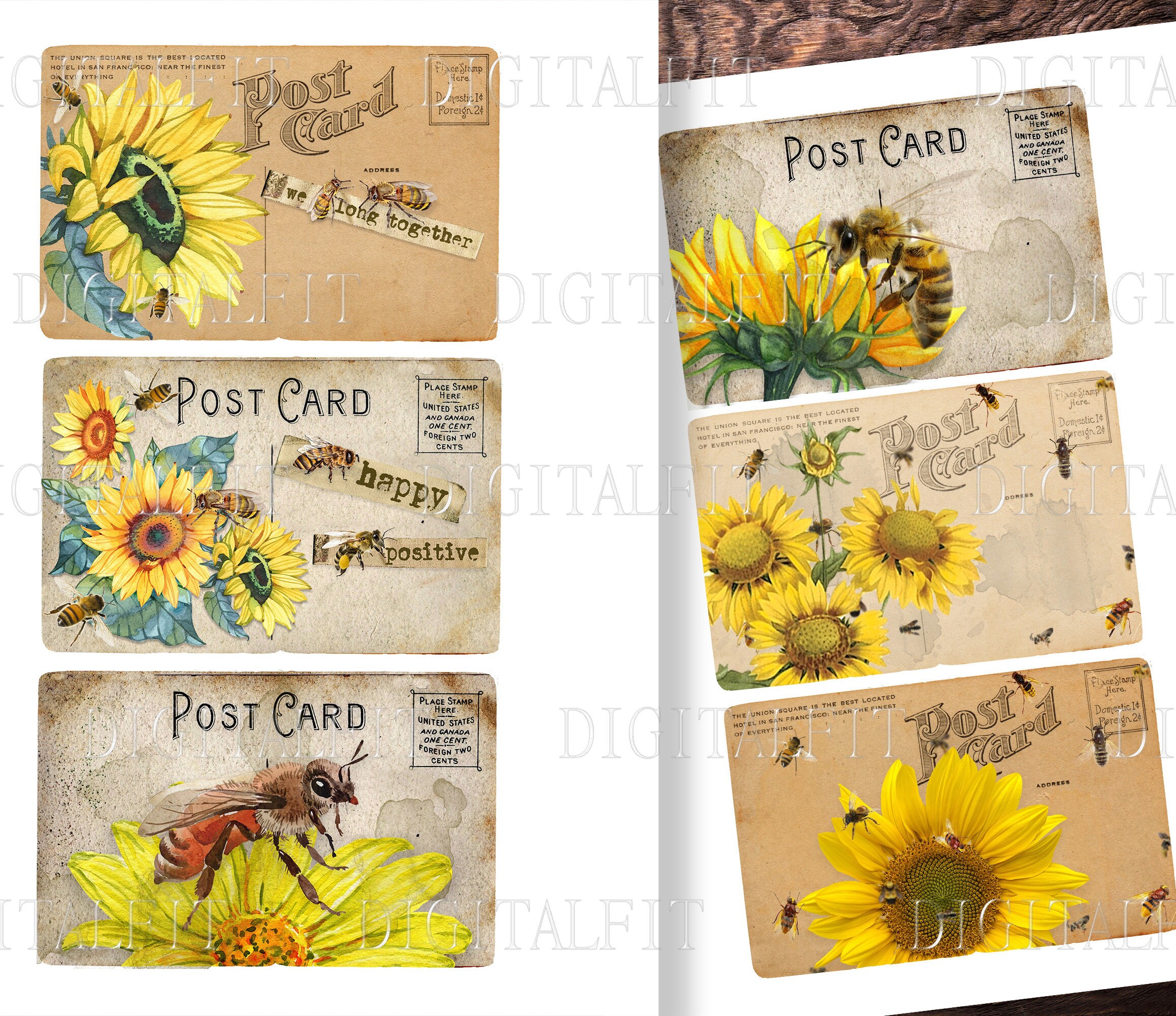 Bee Sunflowers Postcards, Vintage Bees Printable Ephemera, 6 Sunflower ...