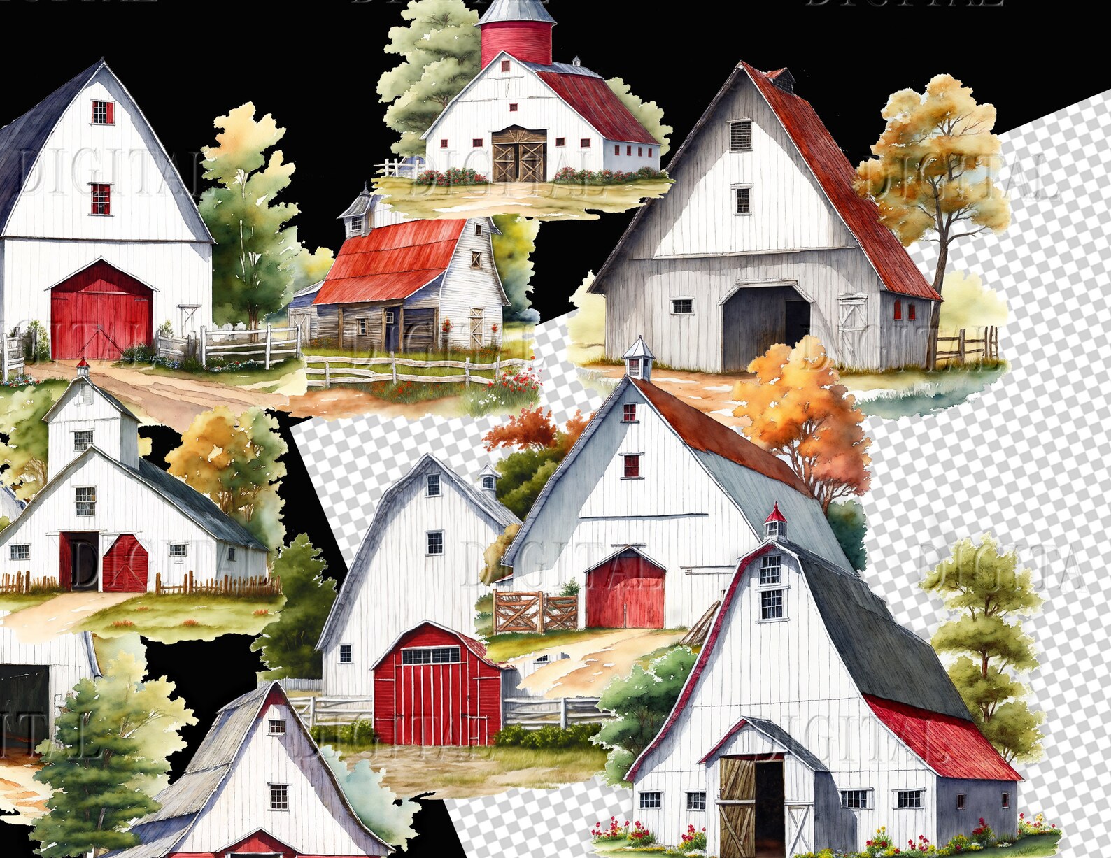 White Rustic Farm Barn, Countryside Design, Farm Watercolor, 12 PNG ...