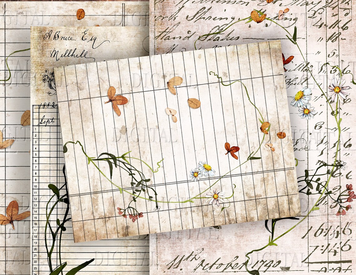 Field Flowers Printable Ledger Paper, 6 Junk Journal Pages & Ledger ...