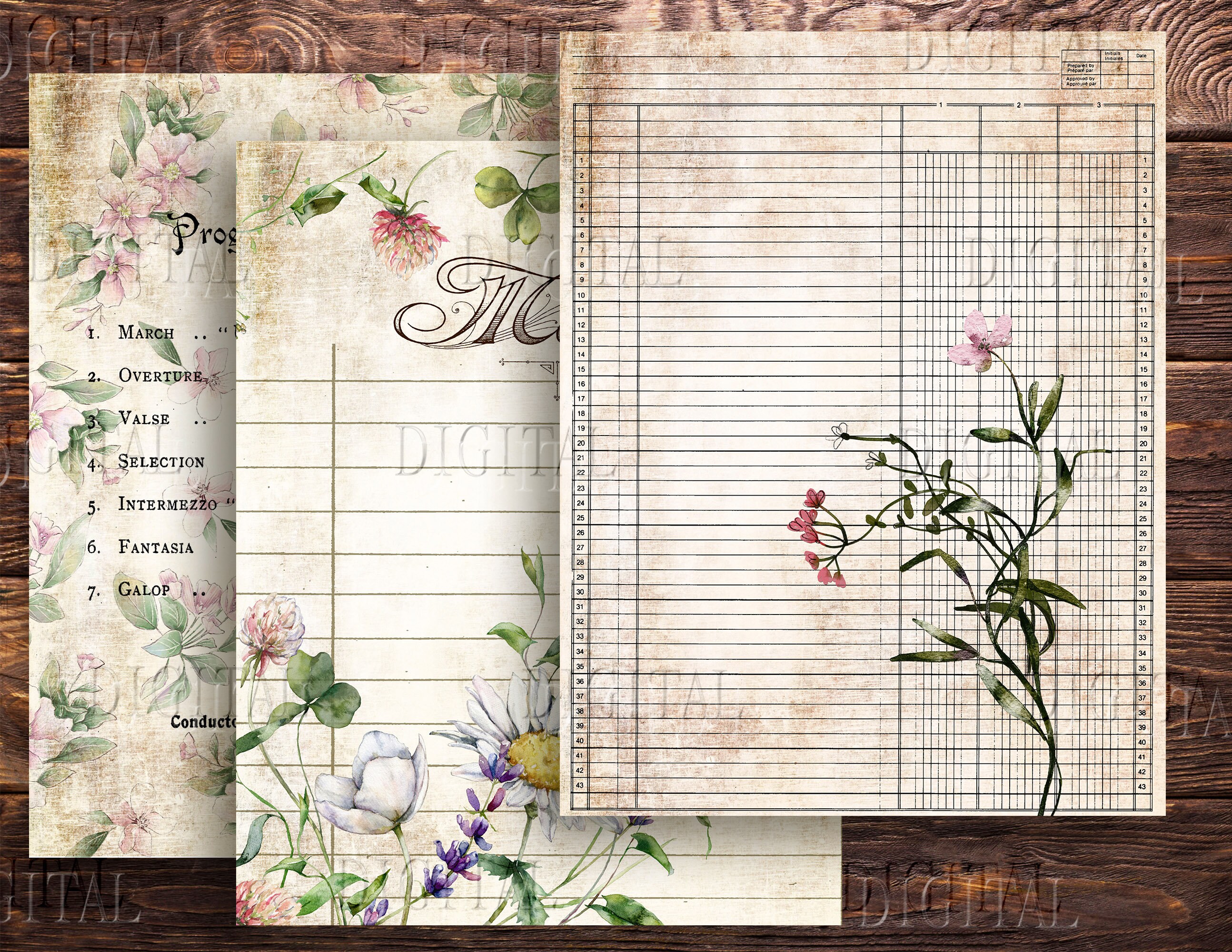 Field Flowers Printable Ledger Paper, 6 Junk Journal Pages & Ledger ...